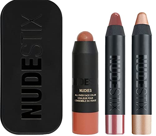 Nudestix Sunkissed Nudes Mini Kit Set with All Over Face Bronze Color in Sunkissed, Magnetic Luminous Eye Color in Nudity, and Gel Color Lip + Cheek Balm in Posh with Tin