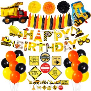 garma birthday party decorations for kids, construction birthday party supplies with excavator foil balloons,construction signs,cupcake toppers, banners for construction birthday party decorations kit