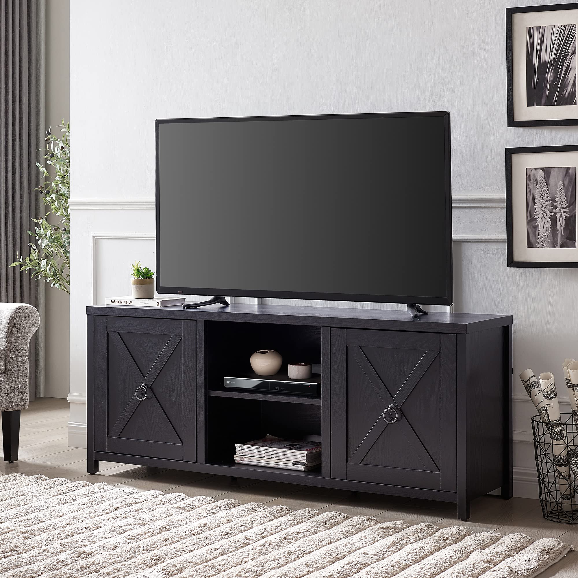 Henn&Hart Rectangular TV Stand for TV's up to 65" in Black, Electric Fireplace TV Stands for the Living Room