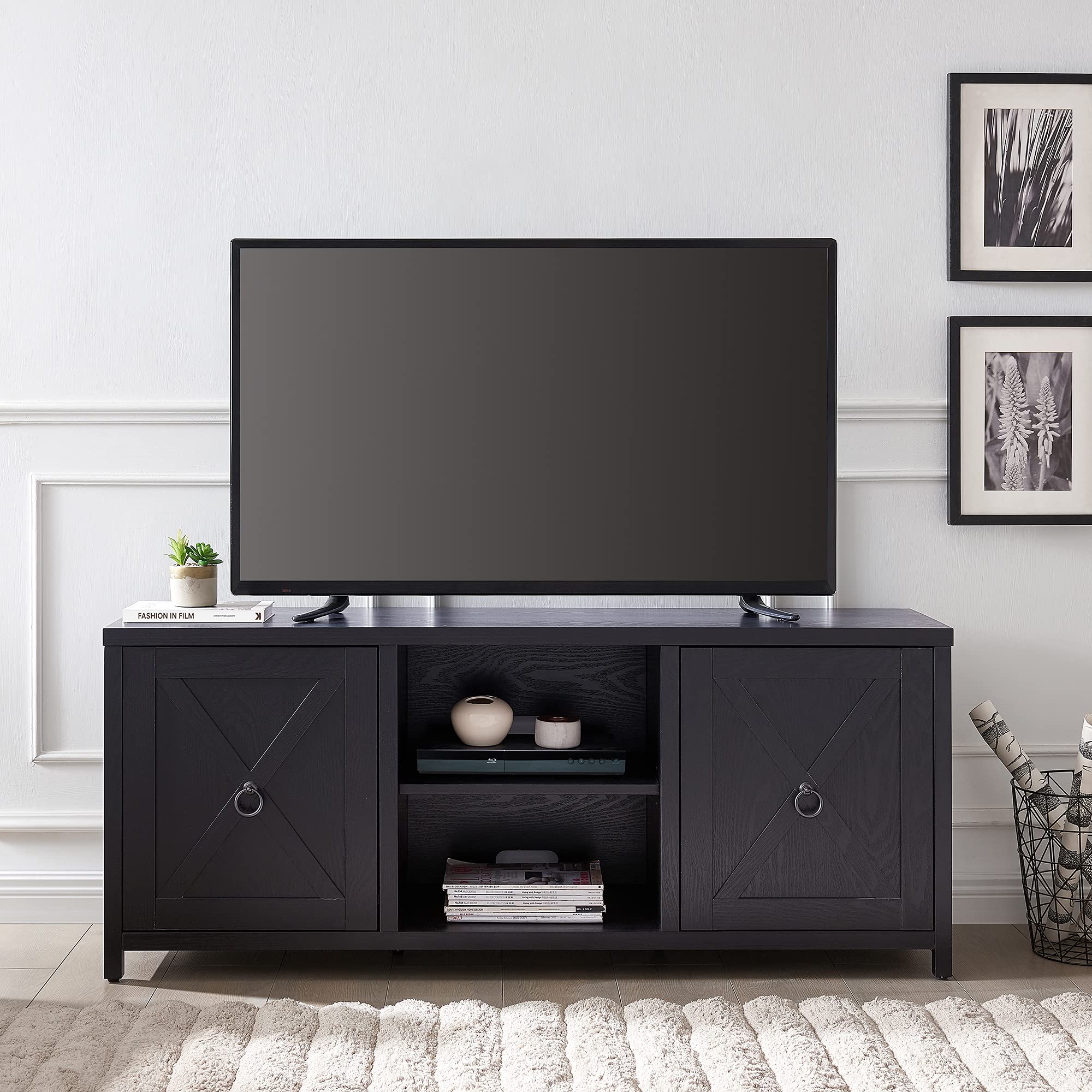 Henn&Hart Rectangular TV Stand for TV's up to 65" in Black, Electric Fireplace TV Stands for the Living Room