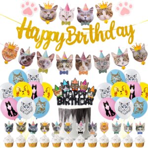 42pcs cat birthday party decoration set, cat face banner latex balloons kitten happy birthday cake cupcake toppers for meow kitty theme birthday party supplies