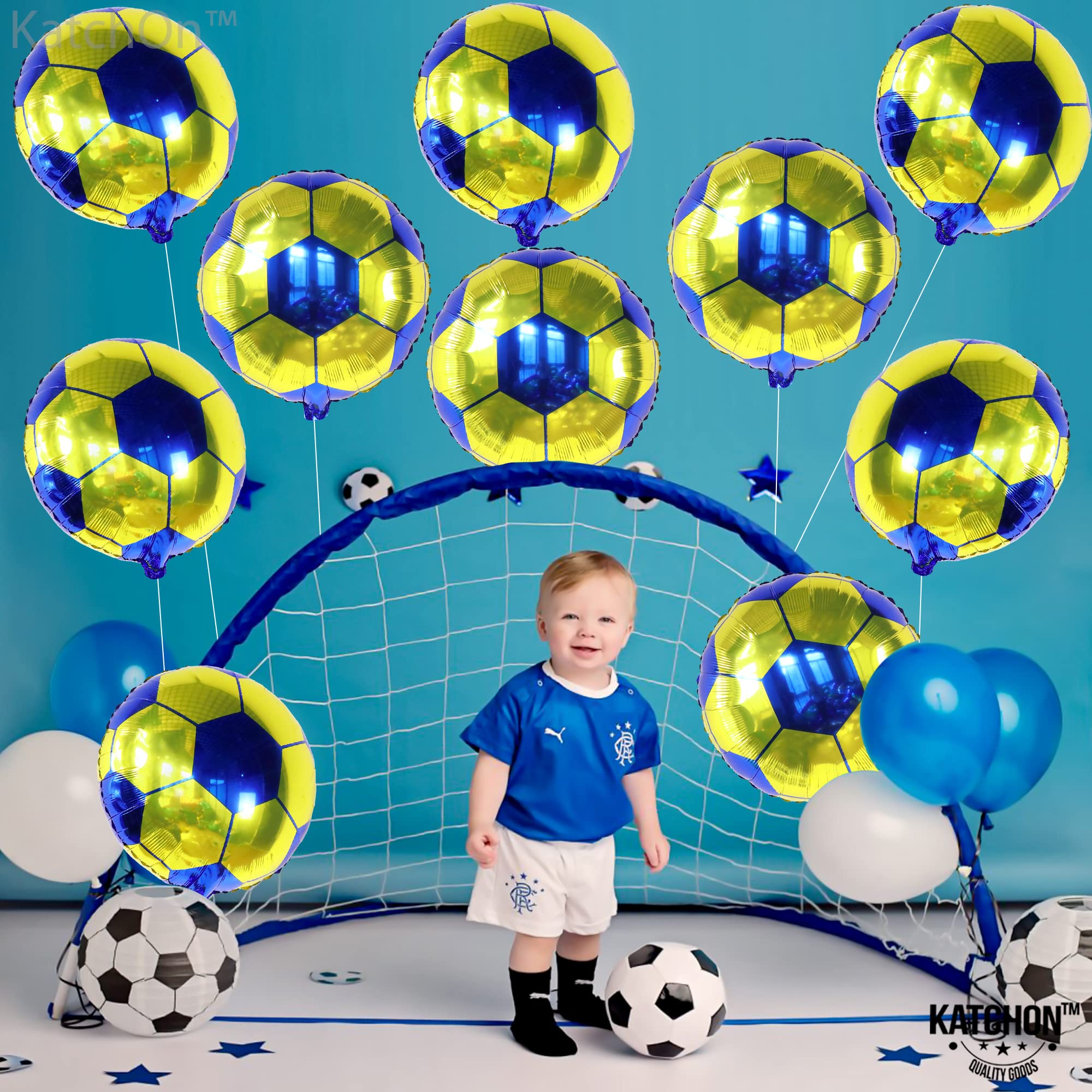 KatchOn, Yellow and Blue Soccer Balloons - 18 Inch, Packof 10 | Soccer Ball Balloons, America Soccer Team Party Decorations | Yellow and Blue Soccer Party Decorations | Soccer Birthday Decorations