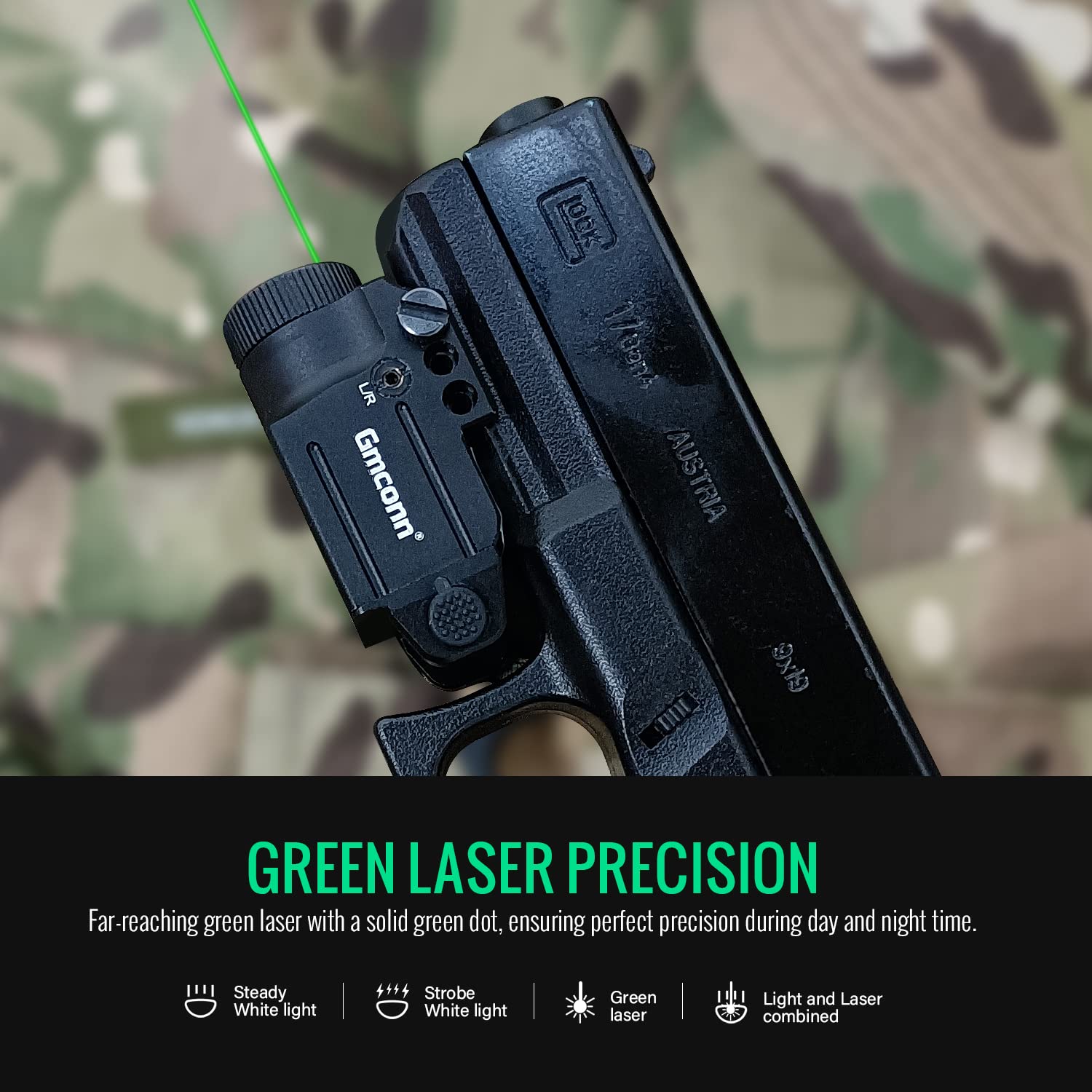 Gmconn Pistol Flashlight Green Laser White LED Light Combo with Compact Rail Mount for Handgun Picatinny Rail (Green Laser)