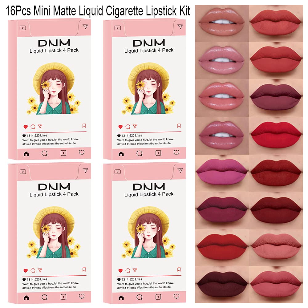 16Pcs Mini Matte Waterproof Liquid Cigarette Lipstick Set Kit, 16 Colors Litte Smoke Tube Red Matte Matt Velvet Lipstick Lip Gloss Stain Set for Women Girls Long Lasting 24 Matt Liquid Lipstick+Set