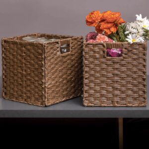 Foldable Synthetic Plastic Wicker Storage Basket with Iron Wire Frame By Blue Ridge Basket Company (Set of 2)