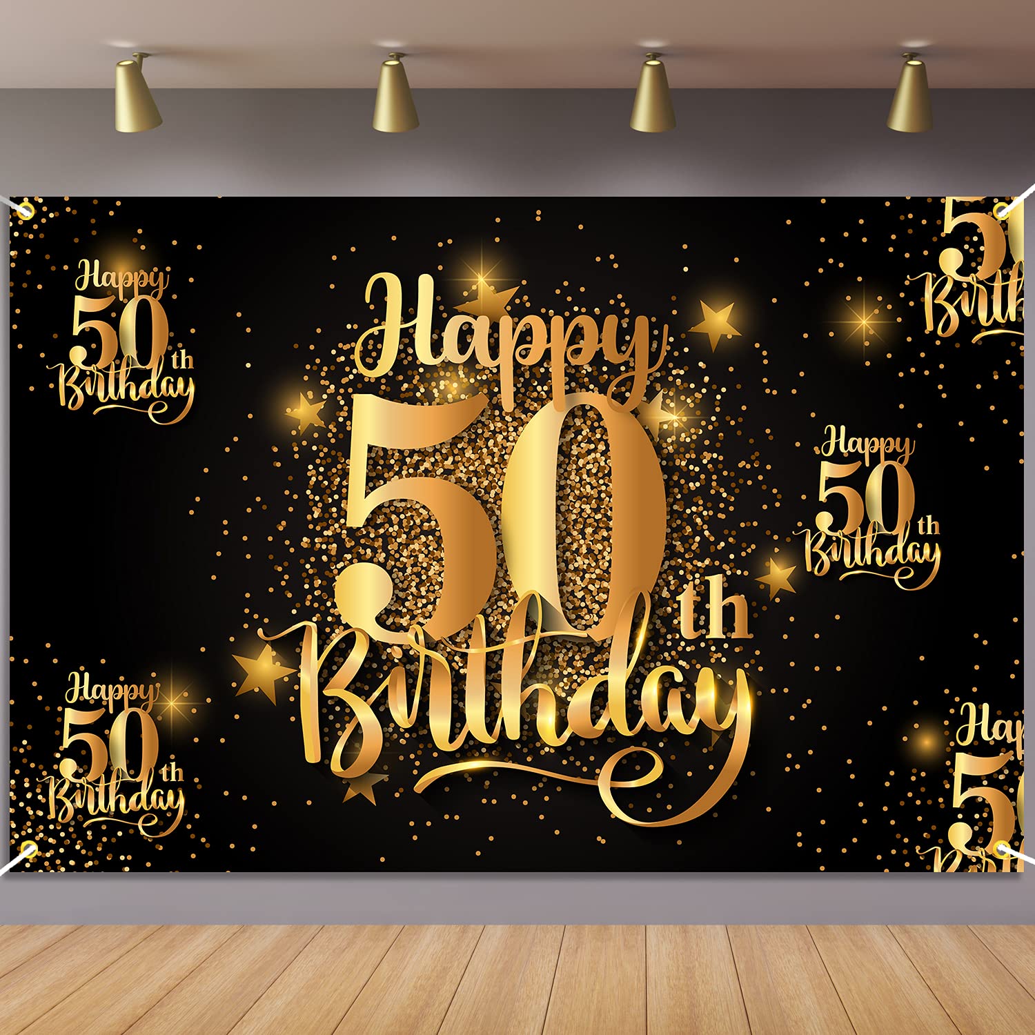 Mnixy Happy 50th Birthday Backdrop Banner Step and Repeat 50 Years Old Background Decorations for Women Men Her Him Photography Party Supplies Glitter Black Gold (1)