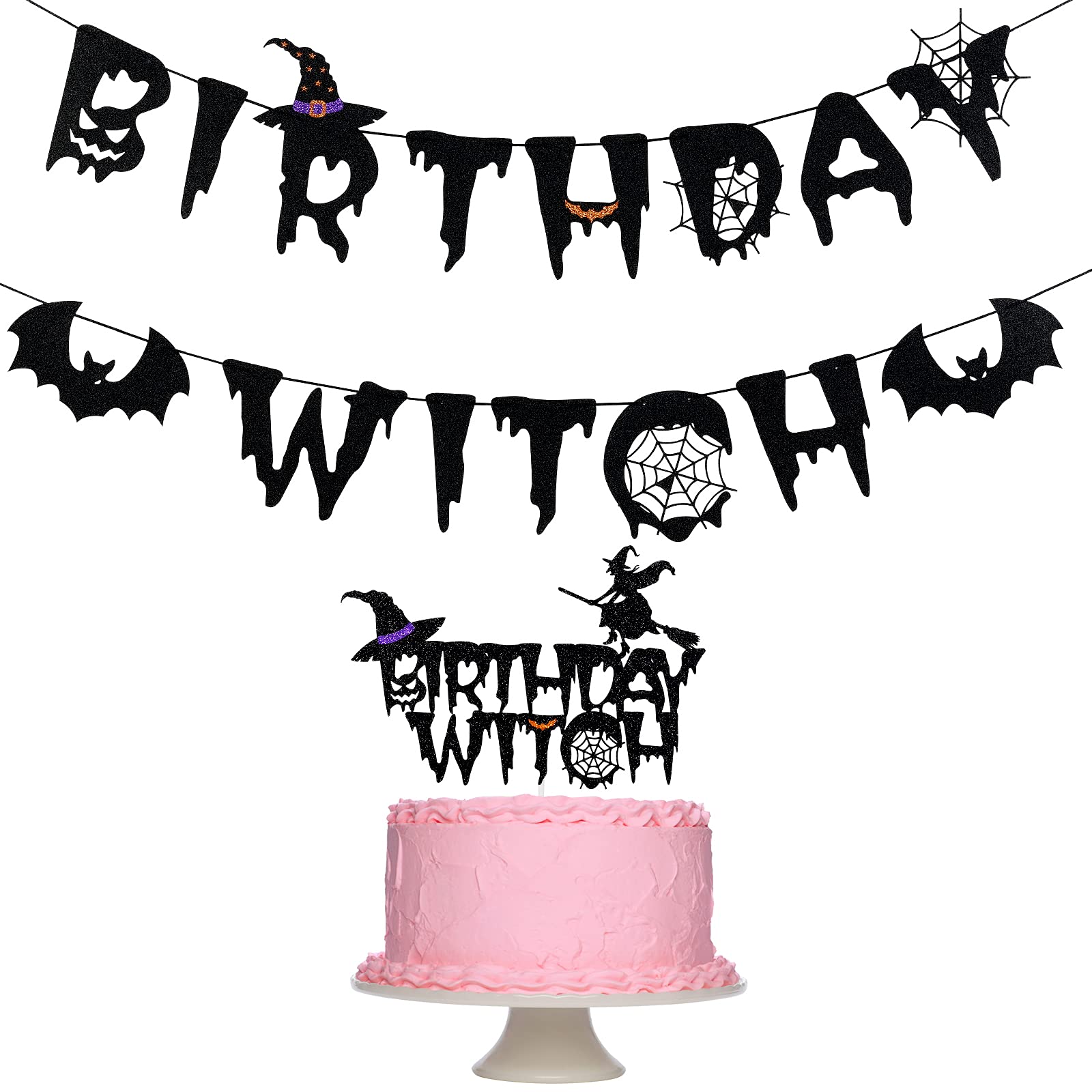 Birthday Witch Banner and Birthday Witch Cake Topper, Halloween Witch Birthday Banner Hocus Pocus Birthday Banner for Halloween Witch Birthday Supplies Halloween Hocus Pocus Birthday Decorations