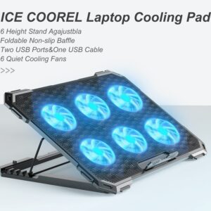 ICE COOREL Laptop Cooling Pad with 6 Cooling Fans, Cooling Pad for Laptop Fan 13-15.6 Inch, Laptop Cooler Stand with 6 Height Adjustable, Notebook Cooler Pad with Two USB Port [2022 Version]