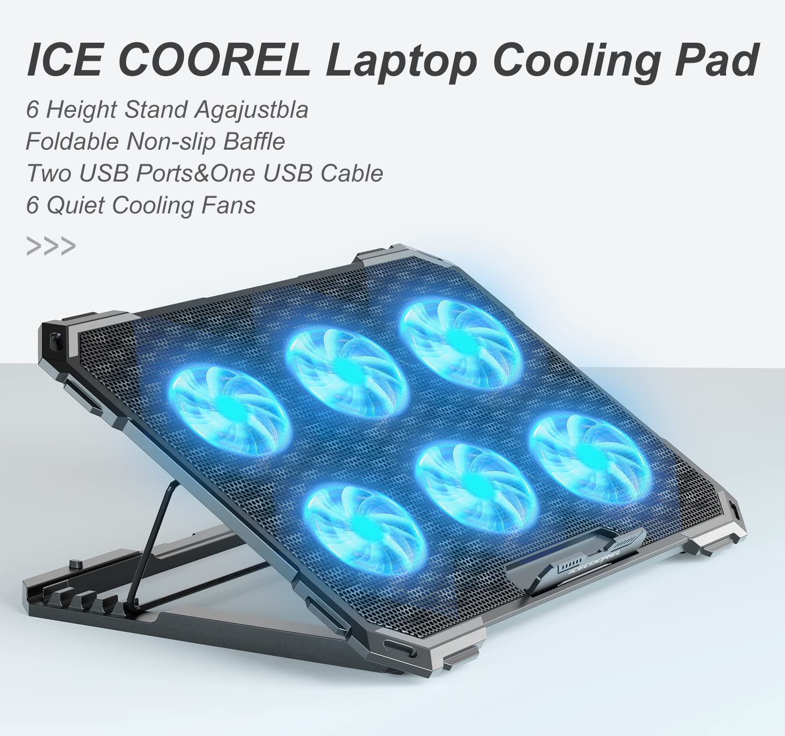 ICE COOREL Laptop Cooling Pad with 6 Cooling Fans, Cooling Pad for Laptop Fan 13-15.6 Inch, Laptop Cooler Stand with 6 Height Adjustable, Notebook Cooler Pad with Two USB Port [2022 Version]