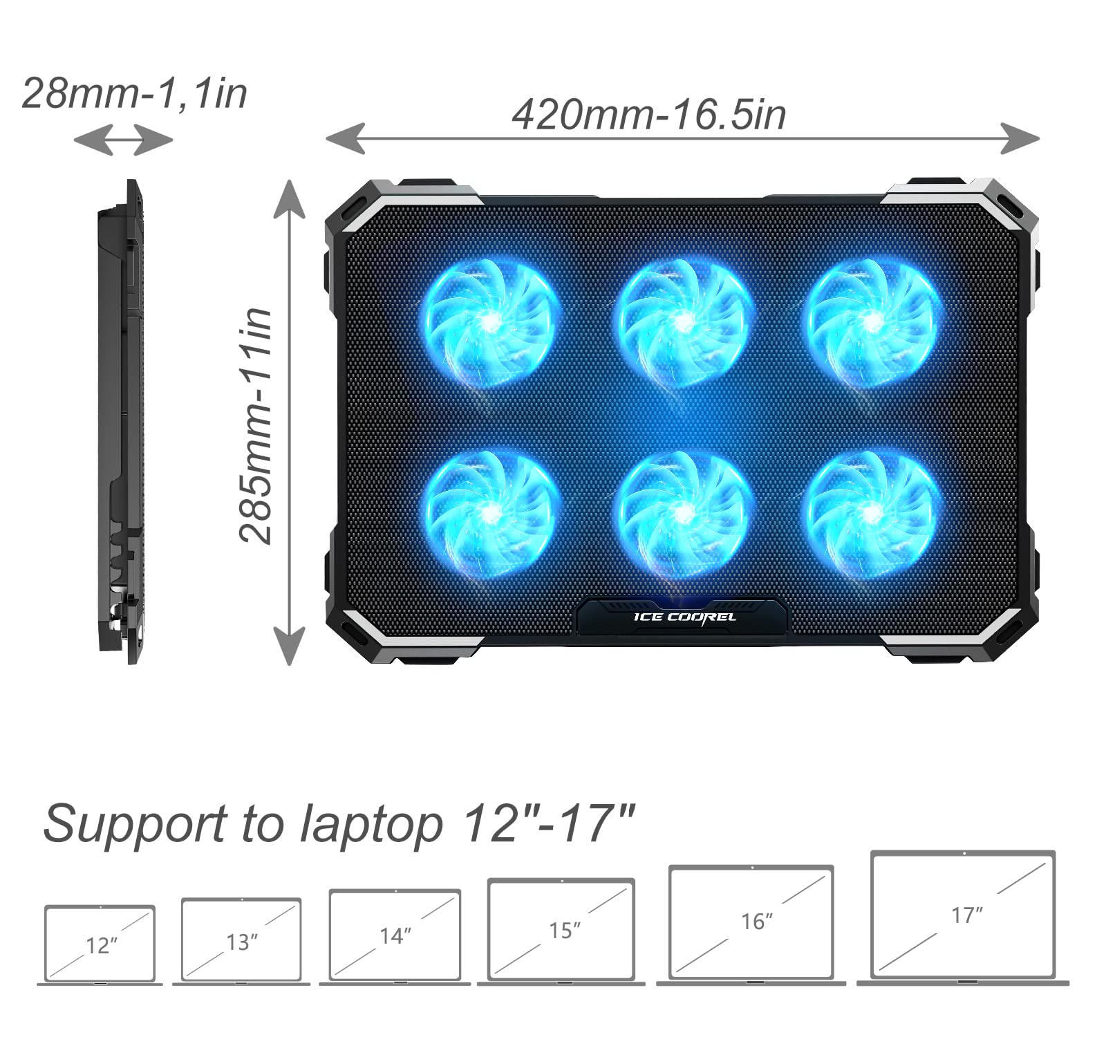 ICE COOREL Laptop Cooling Pad with 6 Cooling Fans, Cooling Pad for Laptop Fan 13-15.6 Inch, Laptop Cooler Stand with 6 Height Adjustable, Notebook Cooler Pad with Two USB Port [2022 Version]