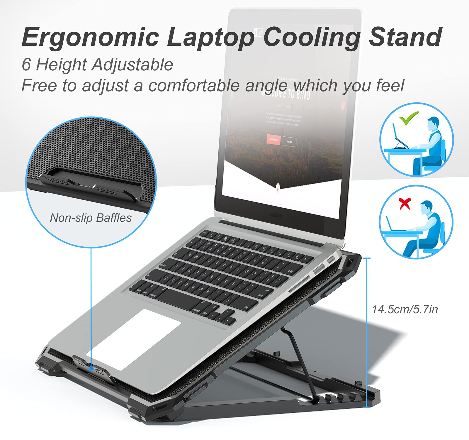 ICE COOREL Laptop Cooling Pad with 6 Cooling Fans, Cooling Pad for Laptop Fan 13-15.6 Inch, Laptop Cooler Stand with 6 Height Adjustable, Notebook Cooler Pad with Two USB Port [2022 Version]