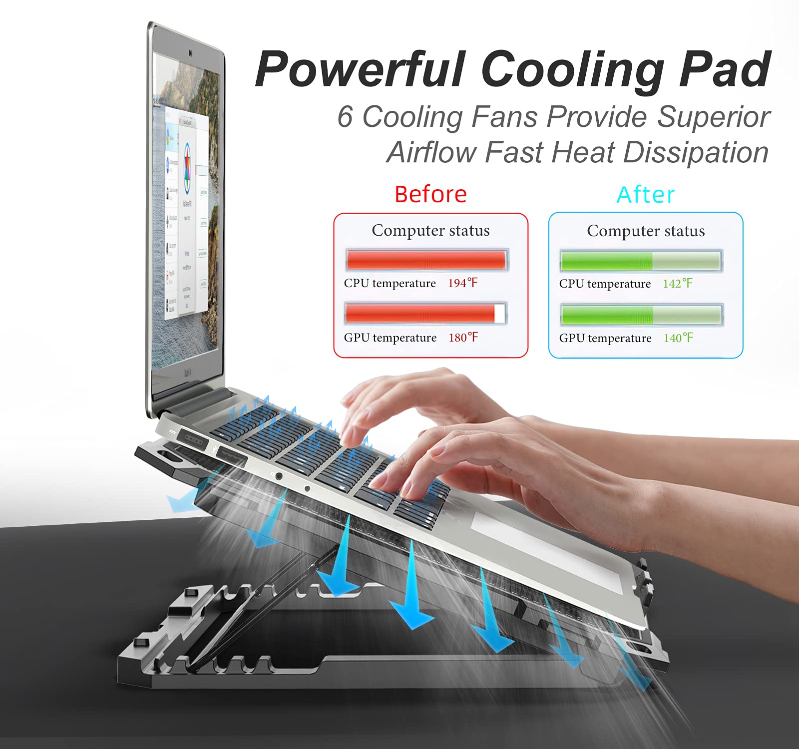 ICE COOREL Laptop Cooling Pad with 6 Cooling Fans, Cooling Pad for Laptop Fan 13-15.6 Inch, Laptop Cooler Stand with 6 Height Adjustable, Notebook Cooler Pad with Two USB Port [2022 Version]