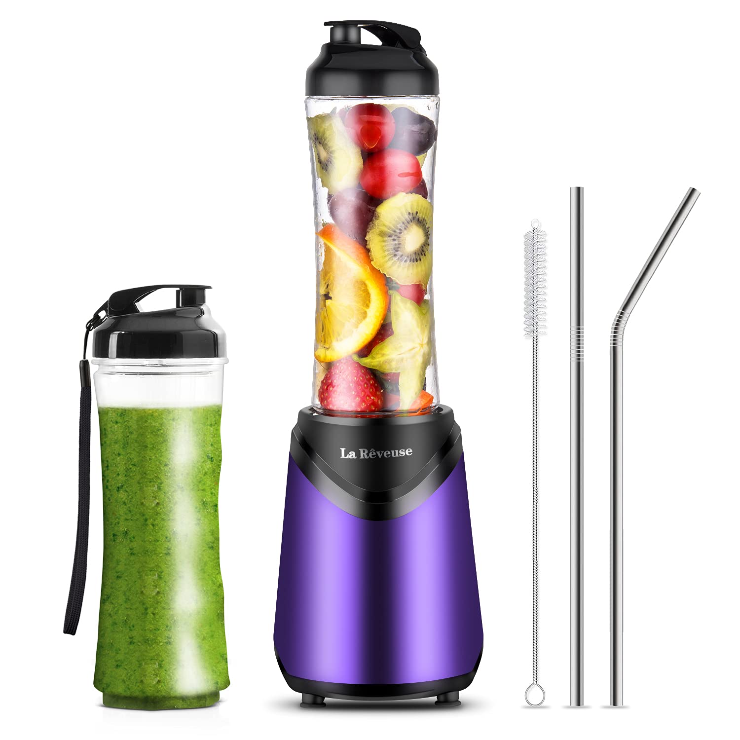 La Reveuse Smoothie Blender Personal Size 300 Watts with 2 Pieces 18 oz BPA-free Travel Sports Bottles,Purple