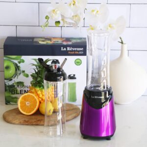 La Reveuse Smoothie Blender Personal Size 300 Watts with 2 Pieces 18 oz BPA-free Travel Sports Bottles,Purple