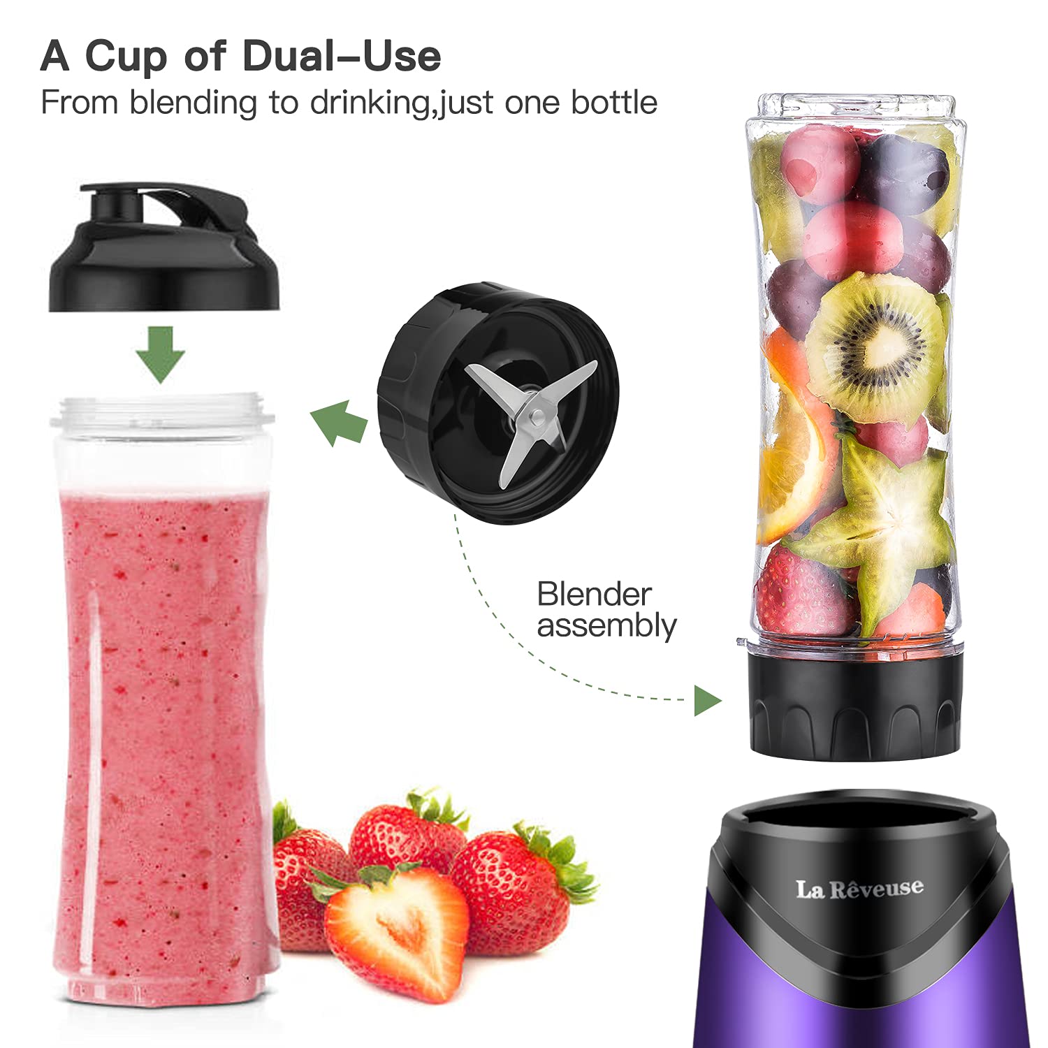 La Reveuse Smoothie Blender Personal Size 300 Watts with 2 Pieces 18 oz BPA-free Travel Sports Bottles,Purple