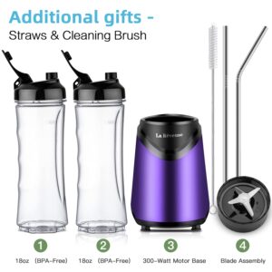 La Reveuse Smoothie Blender Personal Size 300 Watts with 2 Pieces 18 oz BPA-free Travel Sports Bottles,Purple