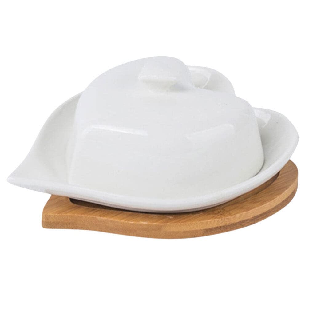 Cabilock Heart Shaped Ceramic Butter Dish with Lid and Bamboo Tray Butter Keeper Container White Food Storage for West East Butter for Home Use