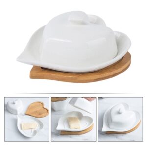 Cabilock Heart Shaped Ceramic Butter Dish with Lid and Bamboo Tray Butter Keeper Container White Food Storage for West East Butter for Home Use