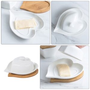 Cabilock Heart Shaped Ceramic Butter Dish with Lid and Bamboo Tray Butter Keeper Container White Food Storage for West East Butter for Home Use