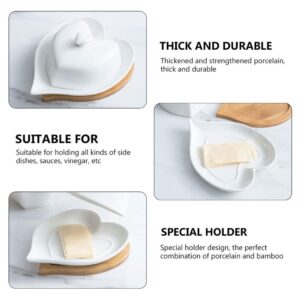 Cabilock Heart Shaped Ceramic Butter Dish with Lid and Bamboo Tray Butter Keeper Container White Food Storage for West East Butter for Home Use