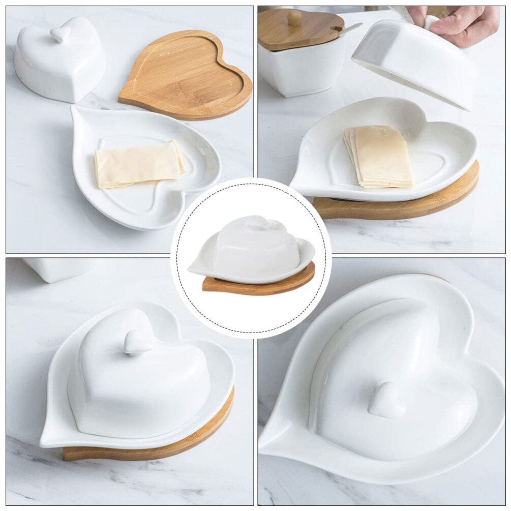 Cabilock Heart Shaped Ceramic Butter Dish with Lid and Bamboo Tray Butter Keeper Container White Food Storage for West East Butter for Home Use