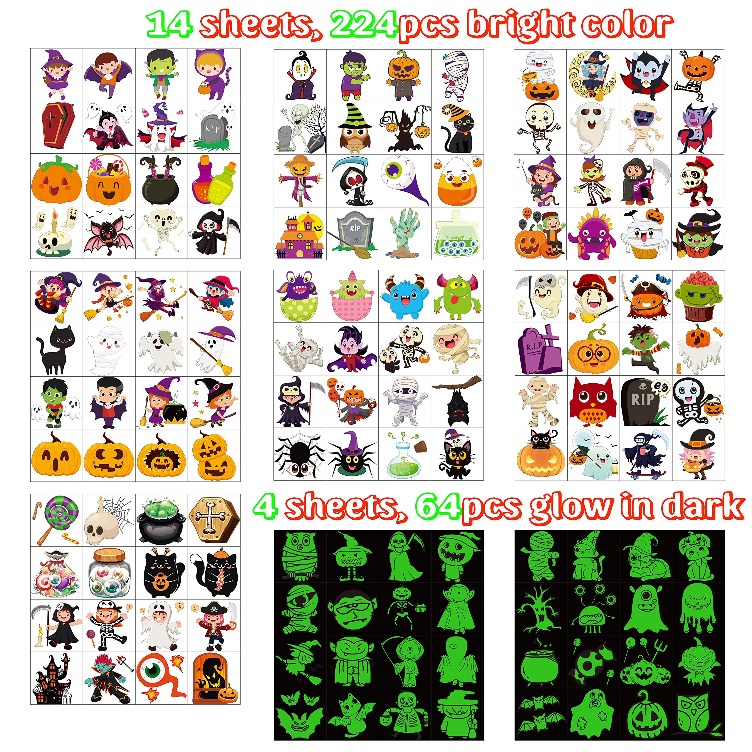 288PCS Assorted Halloween Tattoos for Kids Party Favors - Temporary Tattoo for Goody Bags Fillers Trick Or Treat Gifts - Includes Pumpkin/Skull/Ghost/Monster