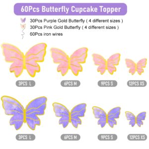 60Pcs Butterfly Cupcake Topper Pink Purple Gold, Lively 3D Butterflies for Cake Decor Birthday Anniversary Kids Wedding Girl Women Party Wall Food Decorations,Mixed Size