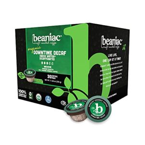 beaniac organic downtime decaf swiss water decaffeinated, medium roast, single serve compostable k cup coffee pods, organic arabica coffee, keurig brewer compatible, 30 count