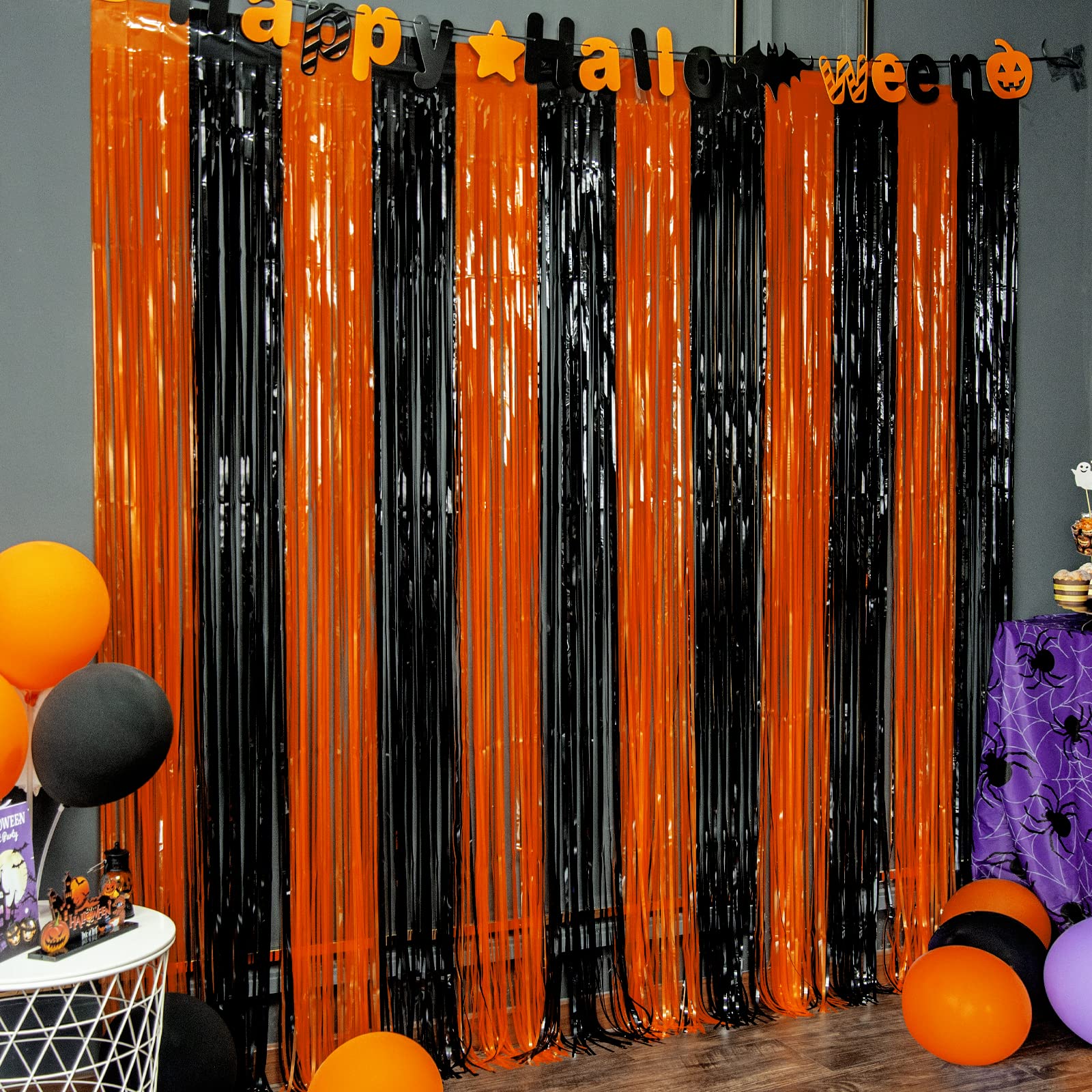 LOLStar 3 Pack Orange Black Photo Booth Props 3.3 X 6.6 ft Halloween Foil Fringe Curtains Halloween Party Photo Backdrop Streamers Backdrop for Birthday Anniversary Party Halloween Party Decoration