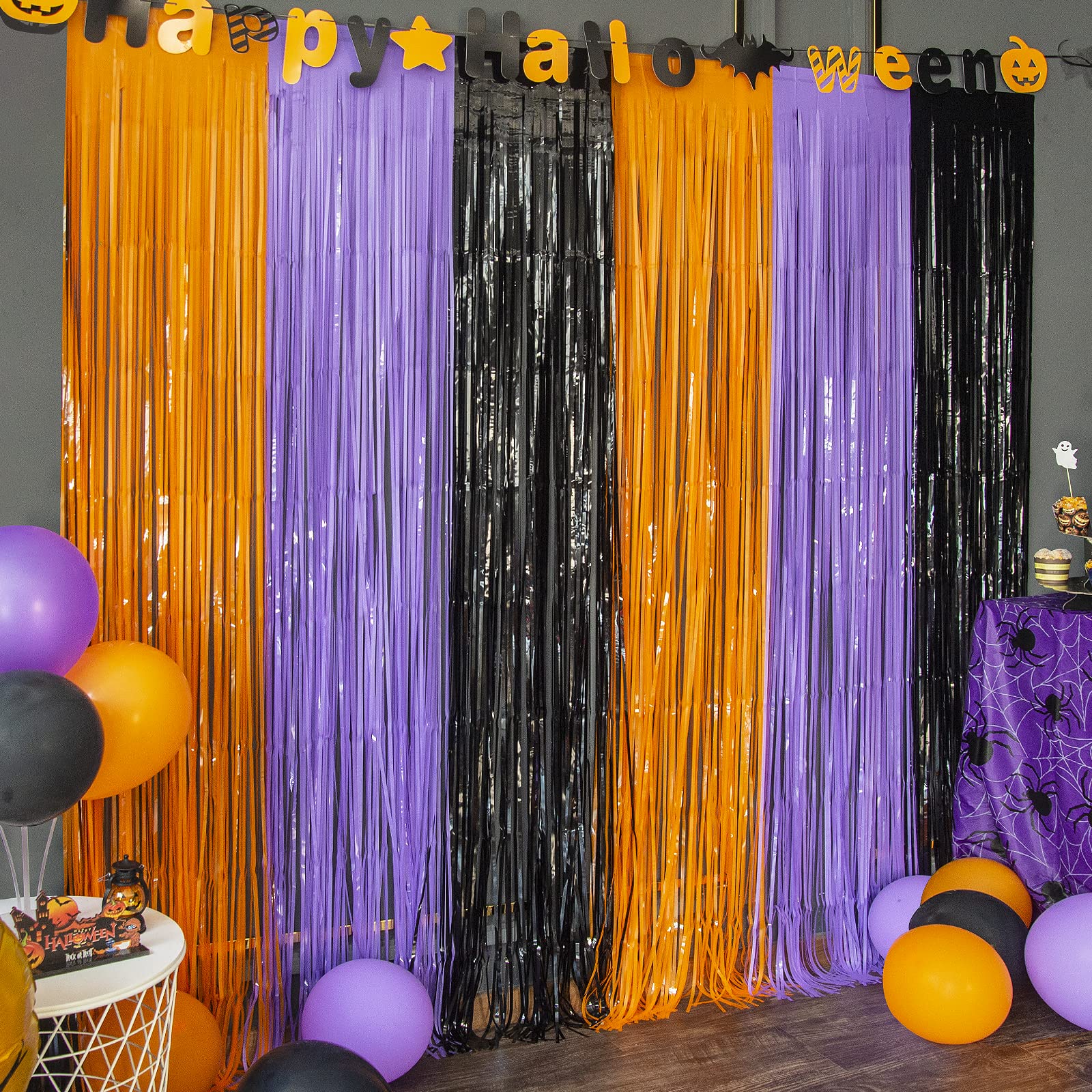 LOLStar 3 Pack Orange Purple Black Photo Booth Props,3.3 X 6.6 ft Halloween Foil Fringe Curtains,Halloween Party Photo Backdrop Streamer Backdrop for Birthday Anniversary Halloween Party Decoration