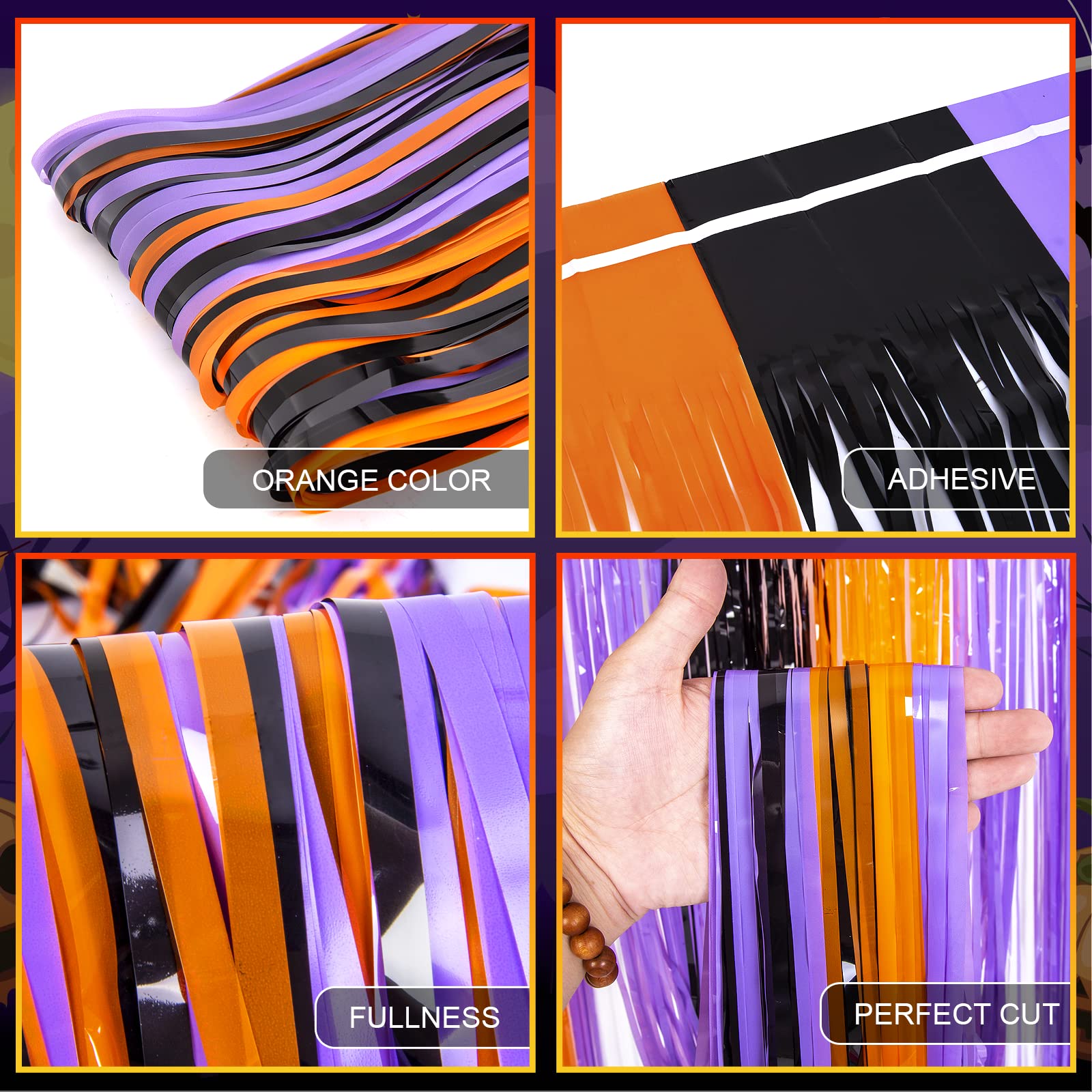 LOLStar 3 Pack Orange Purple Black Photo Booth Props,3.3 X 6.6 ft Halloween Foil Fringe Curtains,Halloween Party Photo Backdrop Streamer Backdrop for Birthday Anniversary Halloween Party Decoration