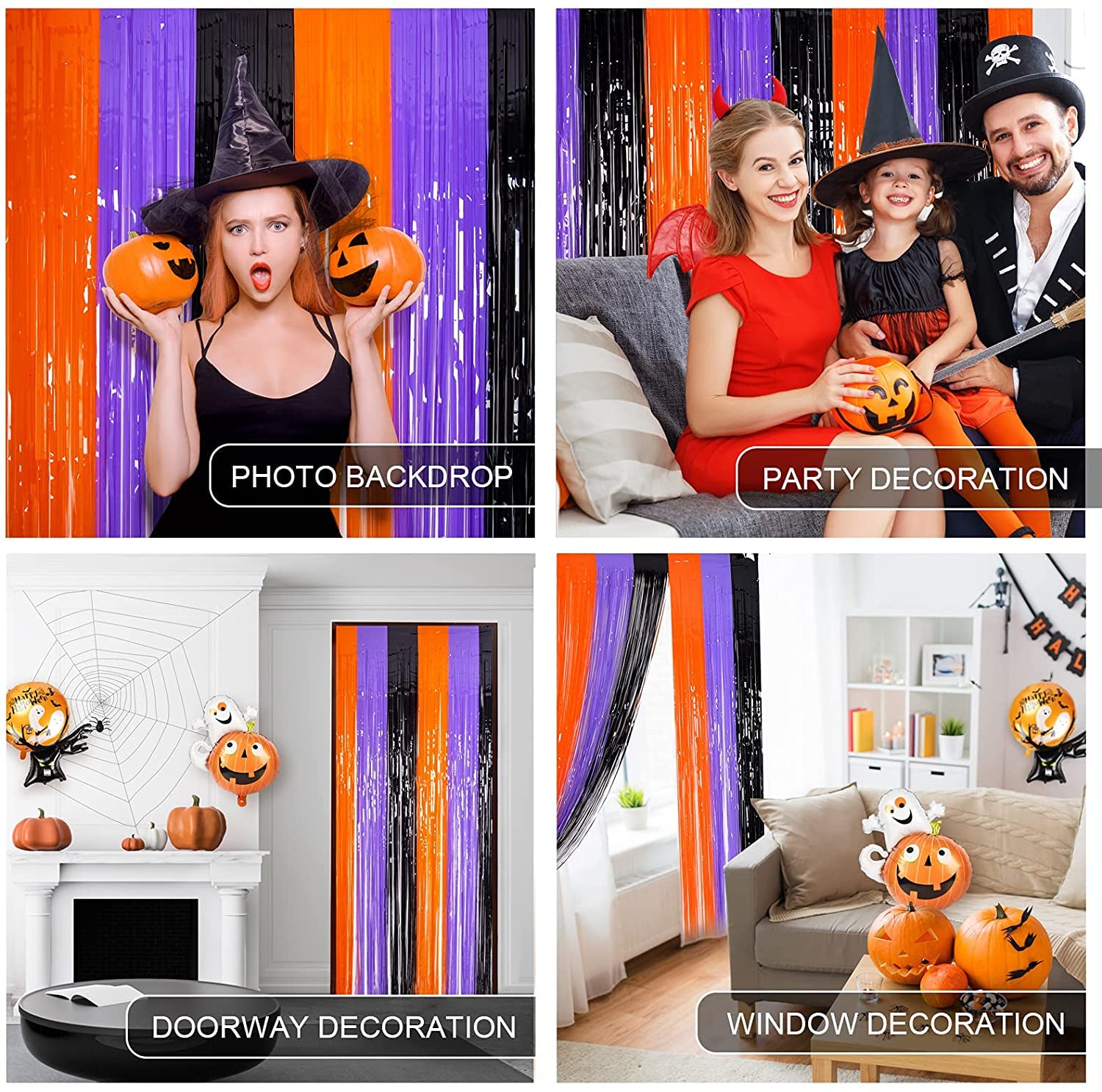 LOLStar 3 Pack Orange Purple Black Photo Booth Props,3.3 X 6.6 ft Halloween Foil Fringe Curtains,Halloween Party Photo Backdrop Streamer Backdrop for Birthday Anniversary Halloween Party Decoration