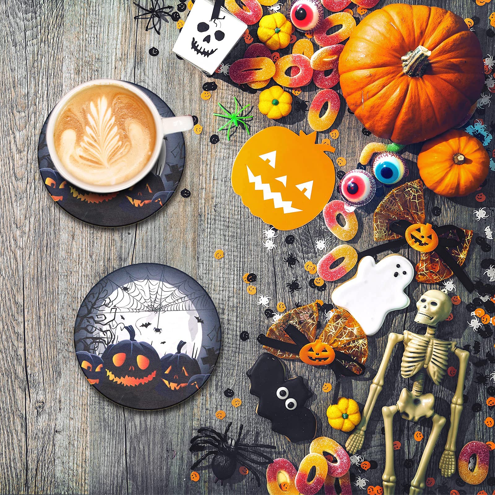 Halloween Pumkins Drink Coasters Set of 6 with Holder Absorbent Ceramic Coasters for Wooden Table, Cute Rustic Round Coasters Cork Base Party Halloween Decor House Warming New Home Gift