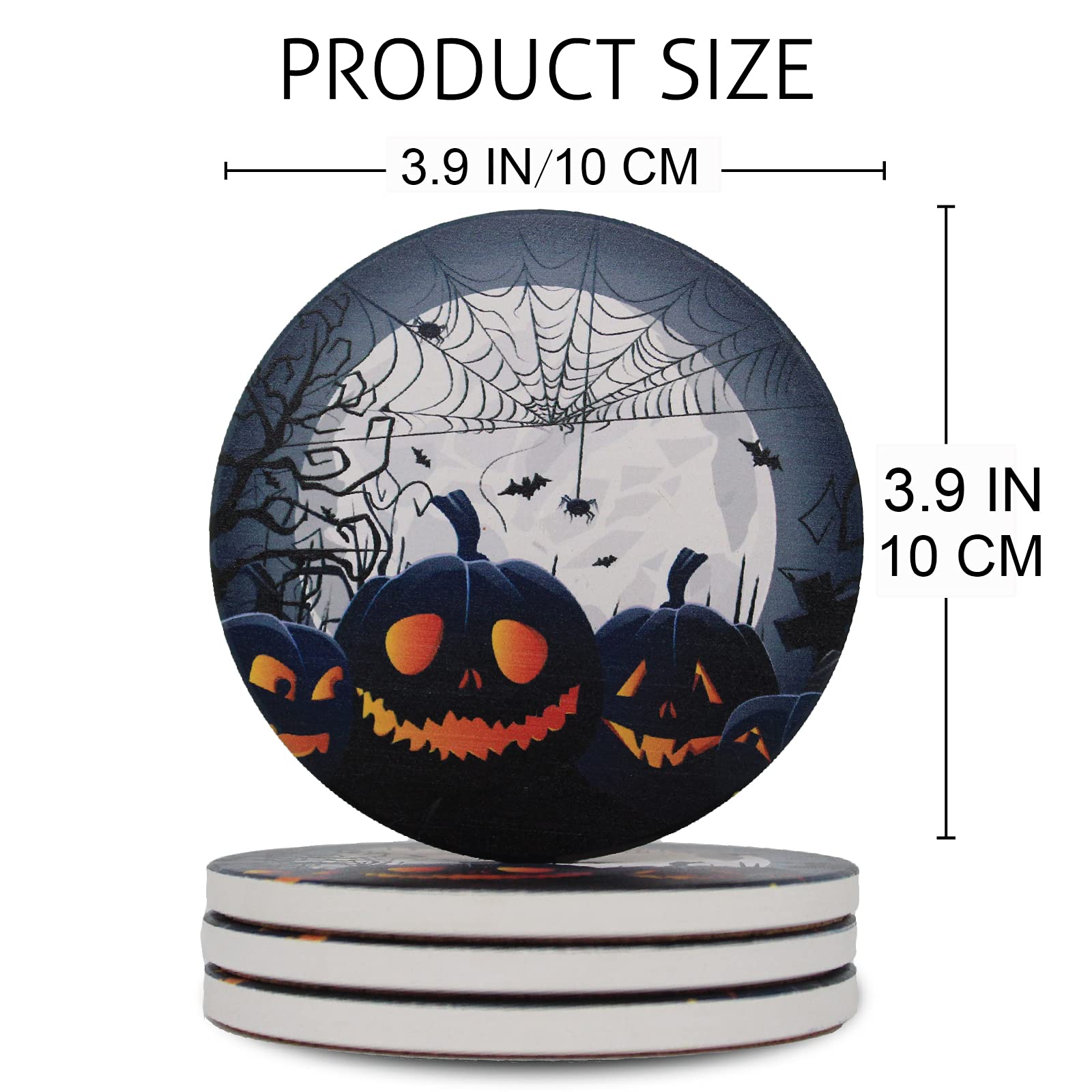 Halloween Pumkins Drink Coasters Set of 6 with Holder Absorbent Ceramic Coasters for Wooden Table, Cute Rustic Round Coasters Cork Base Party Halloween Decor House Warming New Home Gift