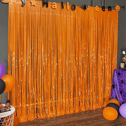 LOLStar Halloween Party Decoration, 3 Pack Orange Photo Booth Props, 3.3 X 6.6 ft Halloween Foil Fringe Curtains, Halloween Party Photo Backdrop, Halloween Streamers for Halloween Party Supplies