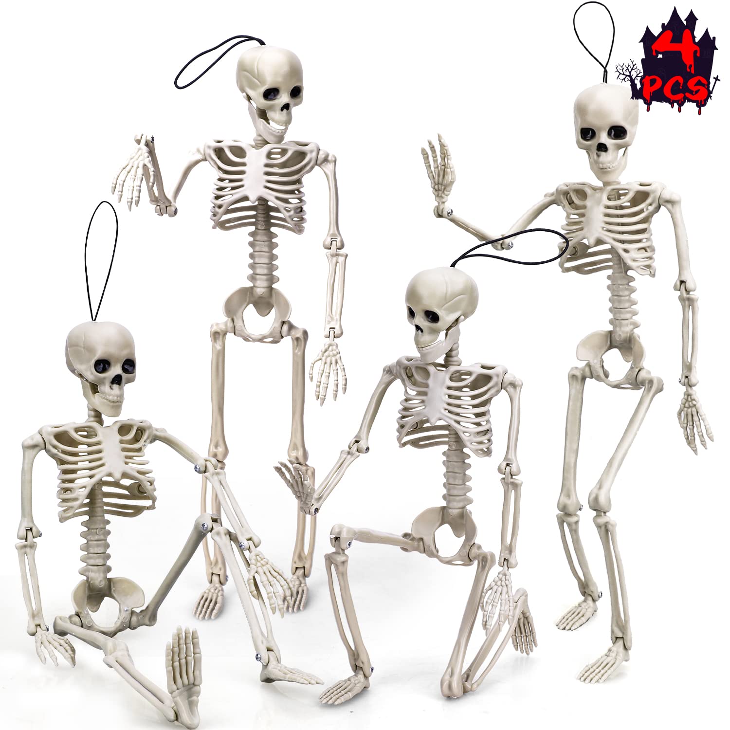 TOY Life 4 Pcs Halloween Hanging Skeleton Decoration, 16” Posable Skeleton Halloween Decoration, Full Body Posable Joints Skeletons, Halloween Decorations Outdoor Indoor, Plastic Skeleton