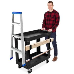 stand steady tubstr 2 shelf utility cart | heavy duty service cart holds 400 lbs. | adjustable storage hooks, ladder & spool holders | tub cart for warehouse, garage, school & office (32 x 18in/black)