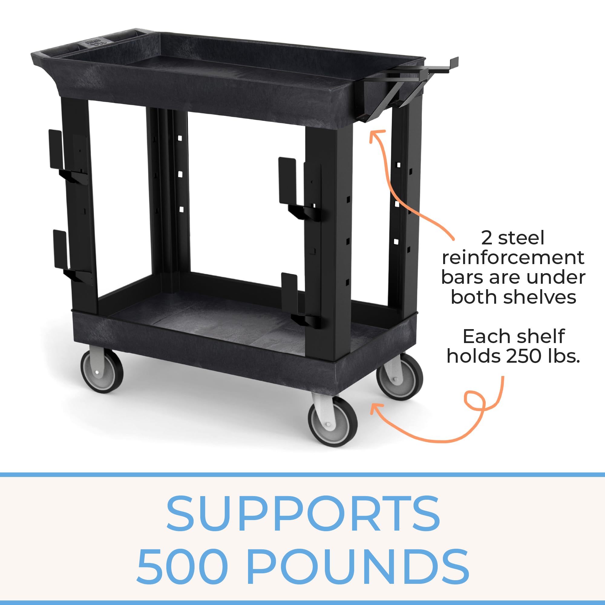 Stand Steady Tubstr 2 Shelf Utility Cart | Heavy Duty Service Cart Holds 400 lbs. | Adjustable Storage Hooks, Ladder & Spool Holders | Tub Cart for Warehouse, Garage, School & Office (32 x 18in/Black)