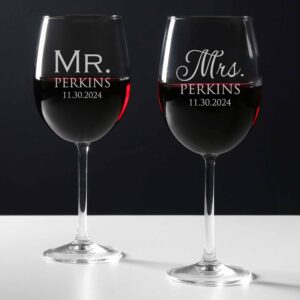 Lifetime Creations Pair (2) Engraved Personalized Mr. & Mrs. Wine Glasses 19 oz - Stemmed Wine Glass Wedding Gift for Bride & Groom, Newlywed Engagement Gift, Dishwasher Safe