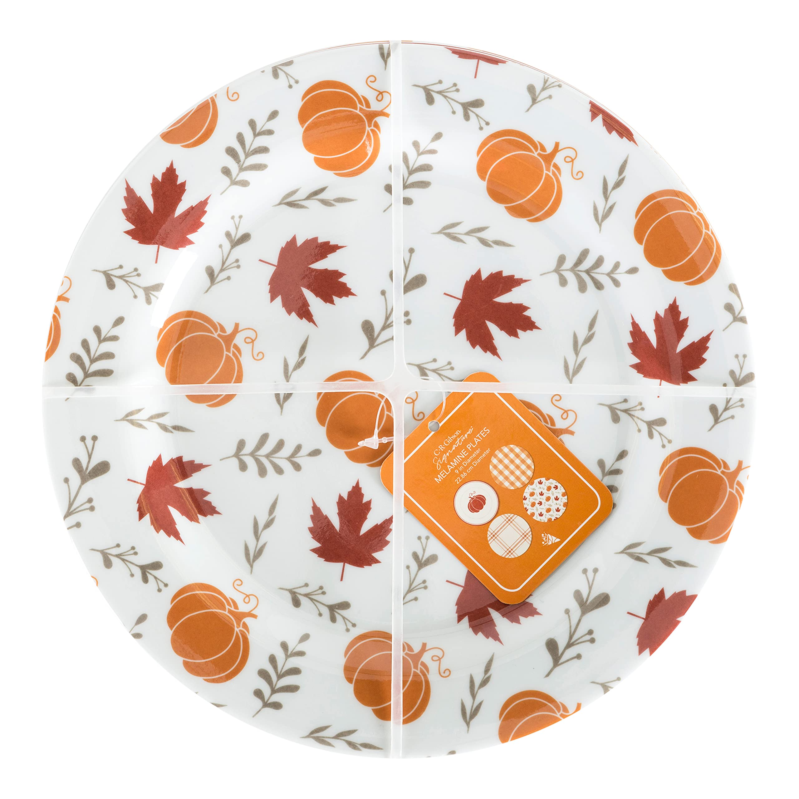 C.R. Gibson QAPS2-24068 Fall Leaves and Pumpkins Reusable Melamine Plate Set for Thanksgiving Dinners, 9" Diameter, 4pcs