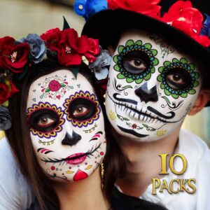 day of the dead face tattoos - 10 pack día de los muertos temporary face sticker kit halloween decorations sugar skull costume makeup decor glitter red roses skeleton full face mask tattoos temporary