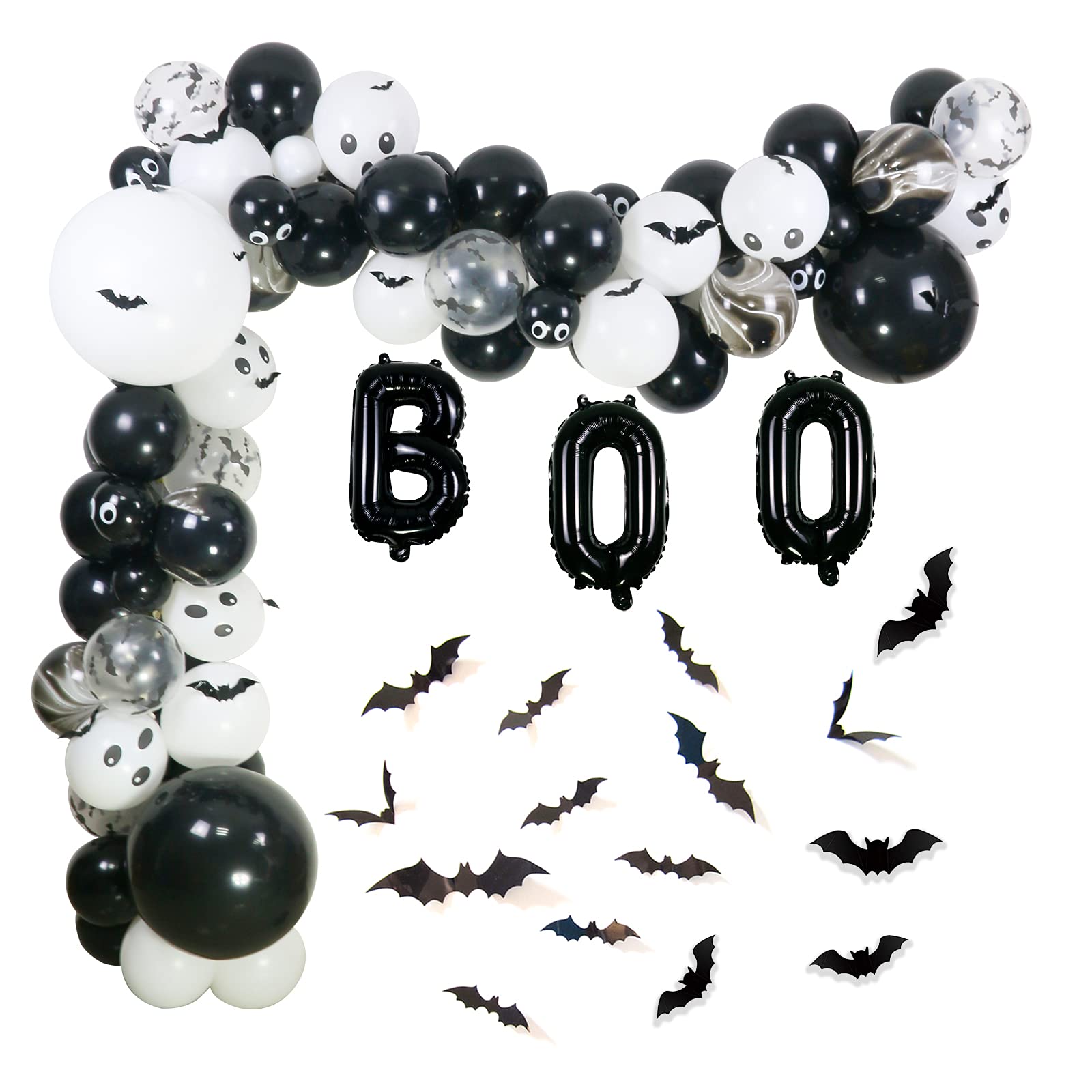 123 Pcs Halloween Balloon Arch Garland Kit, 18" 12" 5" Black White Latex Balloons 18" Boo Foil Balloon with 3D PVC Bat Halloween Decorations Pack for Halloween decoration Halloween Party Supplies