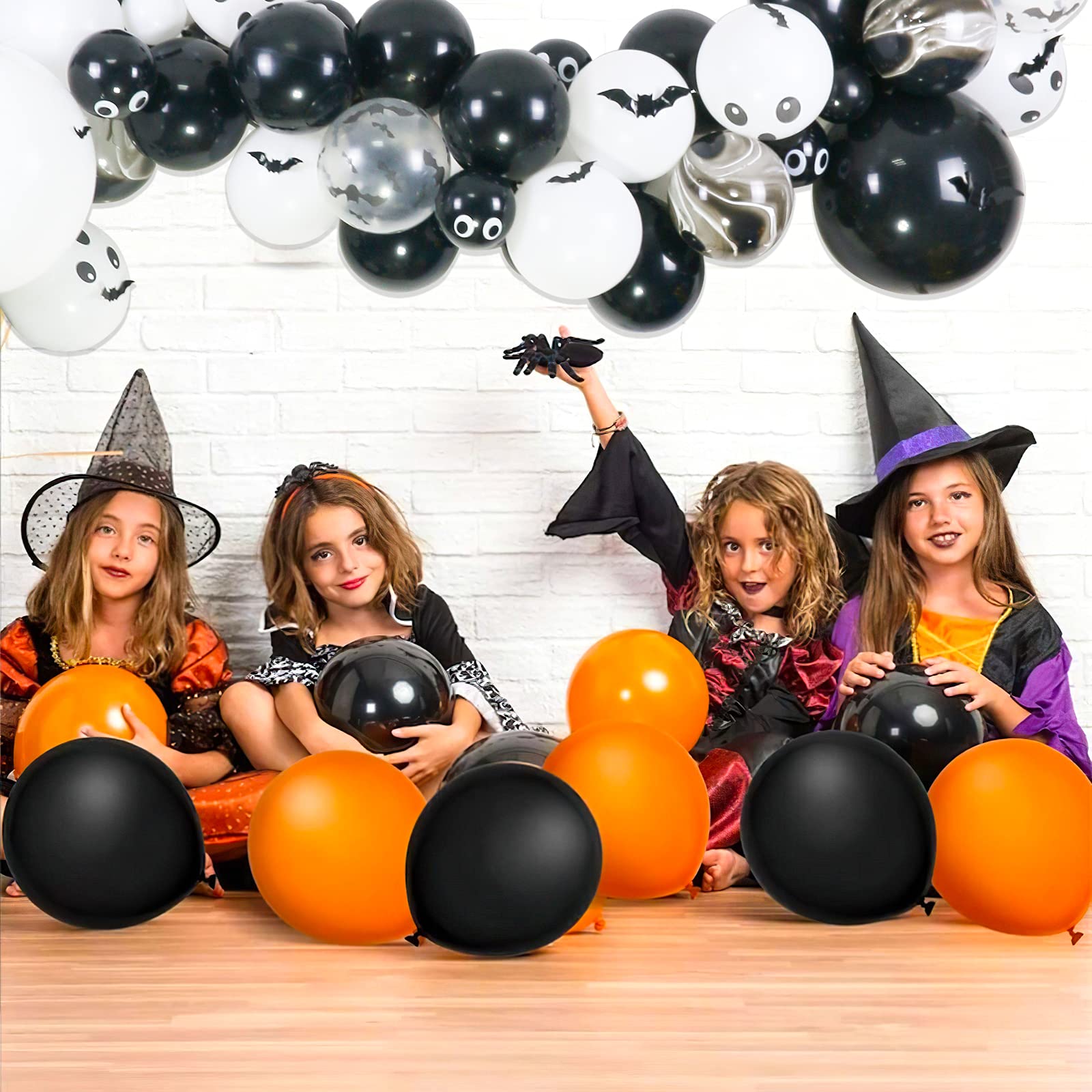 123 Pcs Halloween Balloon Arch Garland Kit, 18" 12" 5" Black White Latex Balloons 18" Boo Foil Balloon with 3D PVC Bat Halloween Decorations Pack for Halloween decoration Halloween Party Supplies