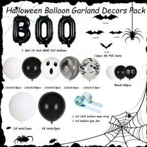 123 Pcs Halloween Balloon Arch Garland Kit, 18" 12" 5" Black White Latex Balloons 18" Boo Foil Balloon with 3D PVC Bat Halloween Decorations Pack for Halloween decoration Halloween Party Supplies