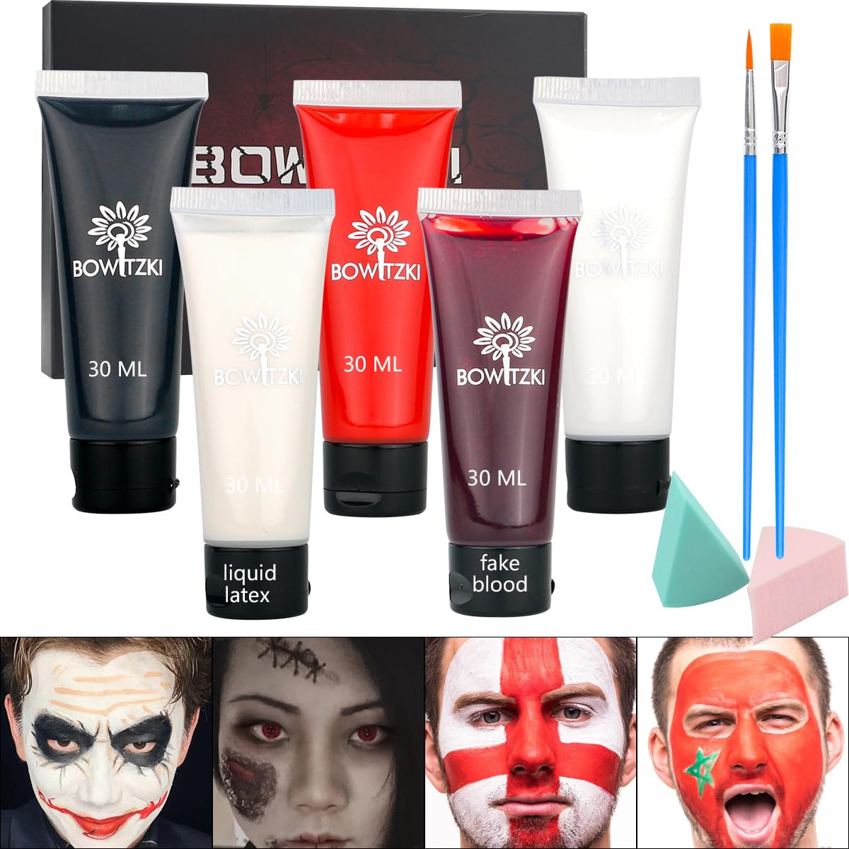 Bowitzki Cream Face Paint Halloween Makeup Kit Water Based Liquid Latex Fake Blood Brush Sponges Body Painting Special Effects SFX Zombie Vampire Monster Christmas Party red black white(Halloween Kit)