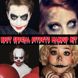 Bowitzki Cream Face Paint Halloween Makeup Kit Water Based Liquid Latex Fake Blood Brush Sponges Body Painting Special Effects SFX Zombie Vampire Monster Christmas Party red black white(Halloween Kit)