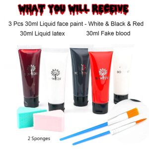 Bowitzki Cream Face Paint Halloween Makeup Kit Water Based Liquid Latex Fake Blood Brush Sponges Body Painting Special Effects SFX Zombie Vampire Monster Christmas Party red black white(Halloween Kit)