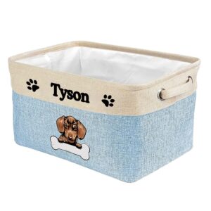 malihong custom foldable storage basket with lovely dog dachshund collapsible sturdy fabric bone pet toys storage bin cube with handles for organizing shelf home closet, blue and white