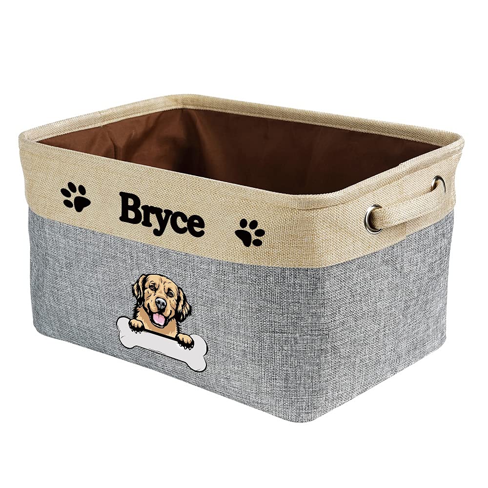 MALIHONG Personalized Foldable Storage Basket with Cute Dog Golden Retriever Collapsible Sturdy Fabric Bone Pet Toys Storage Bin Cube with Handles for Organizing Shelf Home Closet, Grey and White