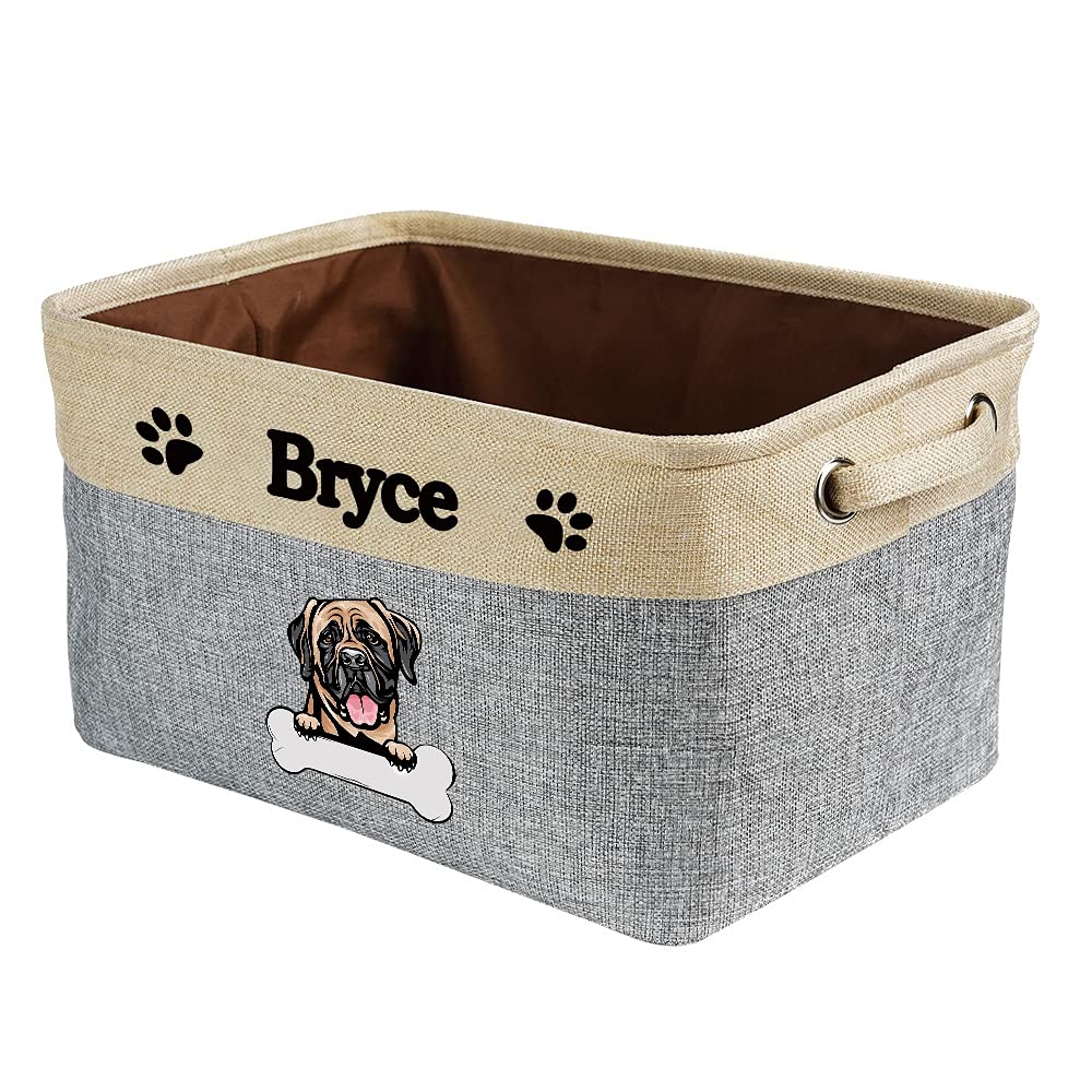 MALIHONG Personalized Foldable Storage Basket with Lovely Dog Mastiff Collapsible Sturdy Fabric Bone Pet Toys Storage Bin Cube with Handles for Organizing Shelf Home Closet, Grey and White